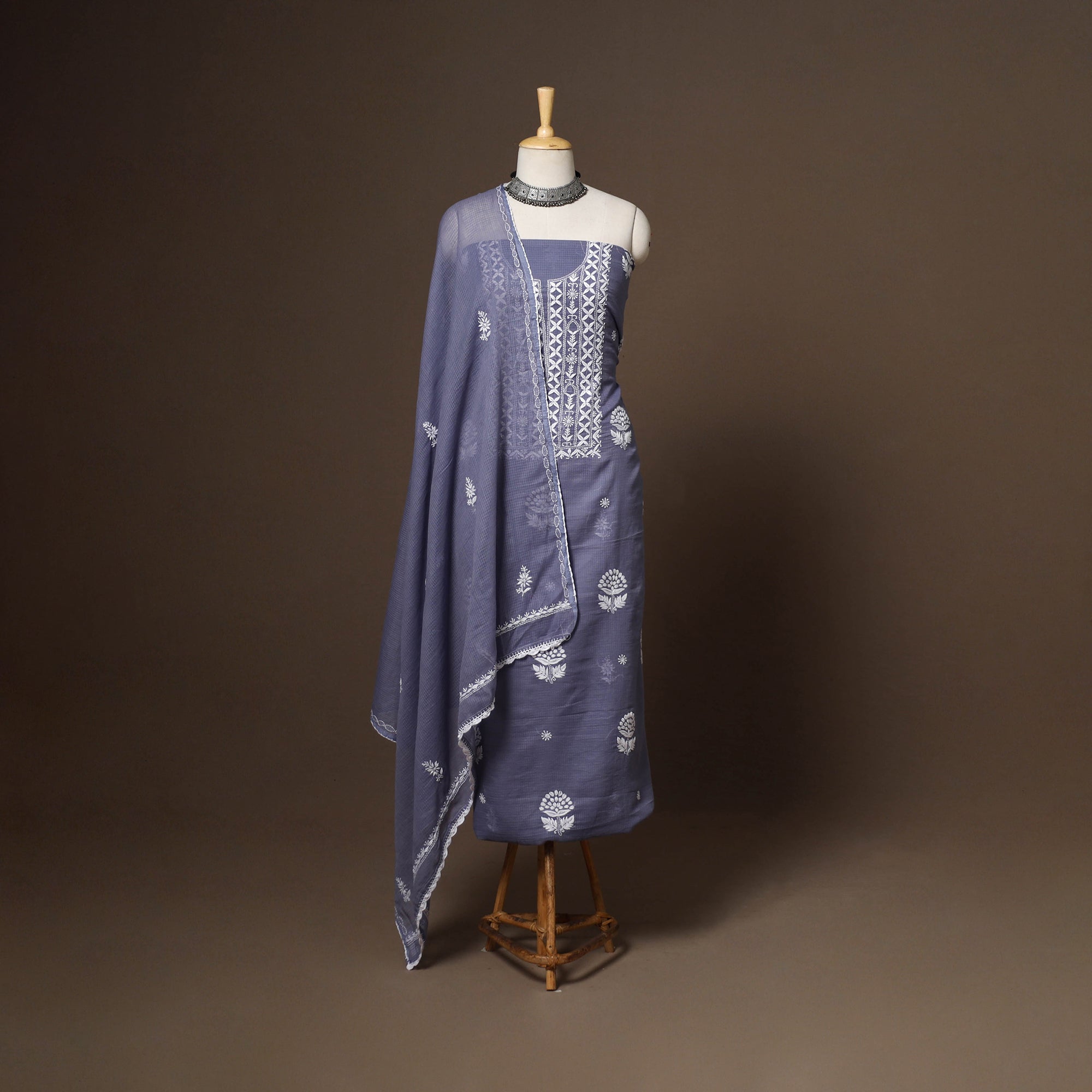 Purple 2pc Kota Doria Cotton Unstitched Lucknow Chikankari Dress ...