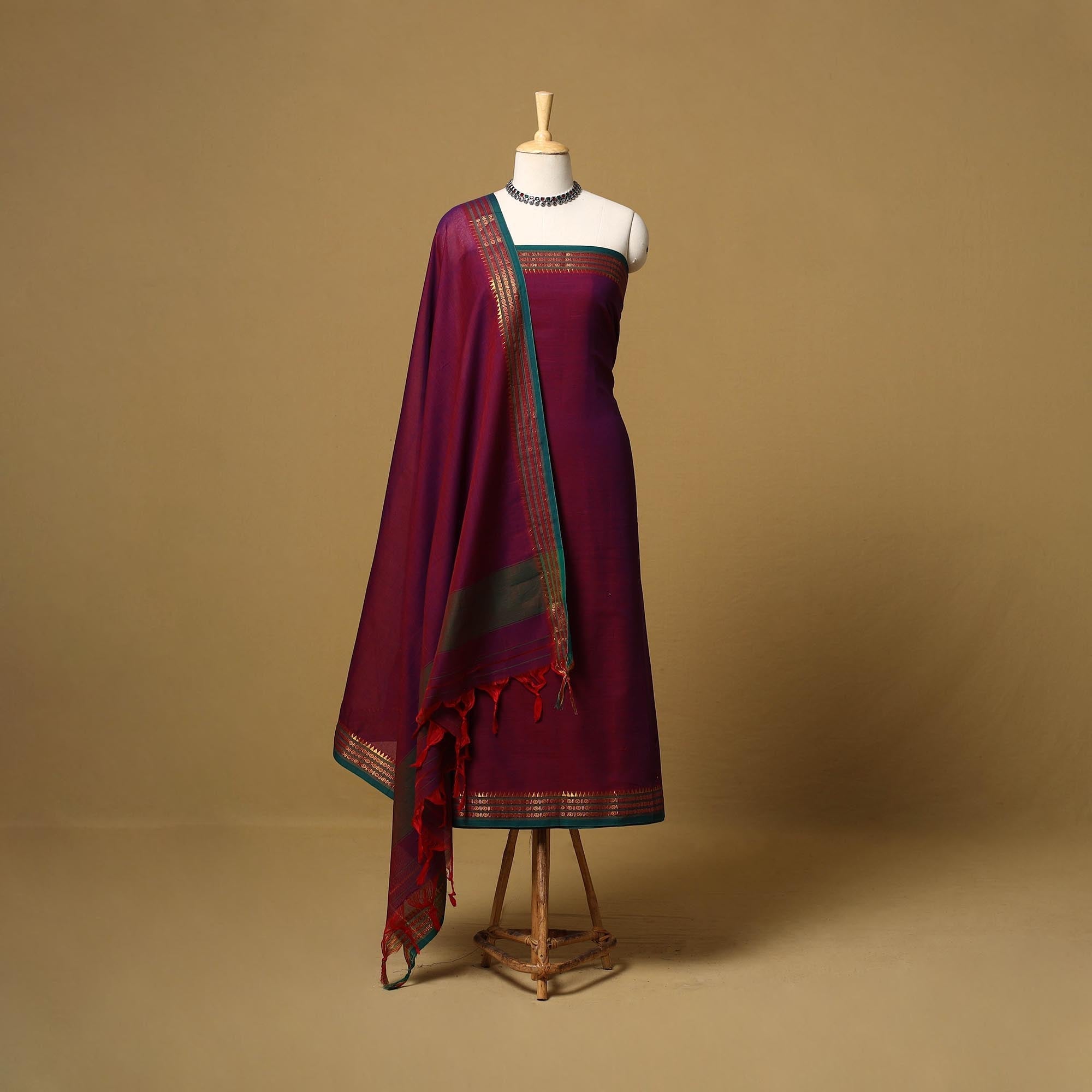 Purple Dharwad Cotton 3pc Unstitched Dress Material with Border