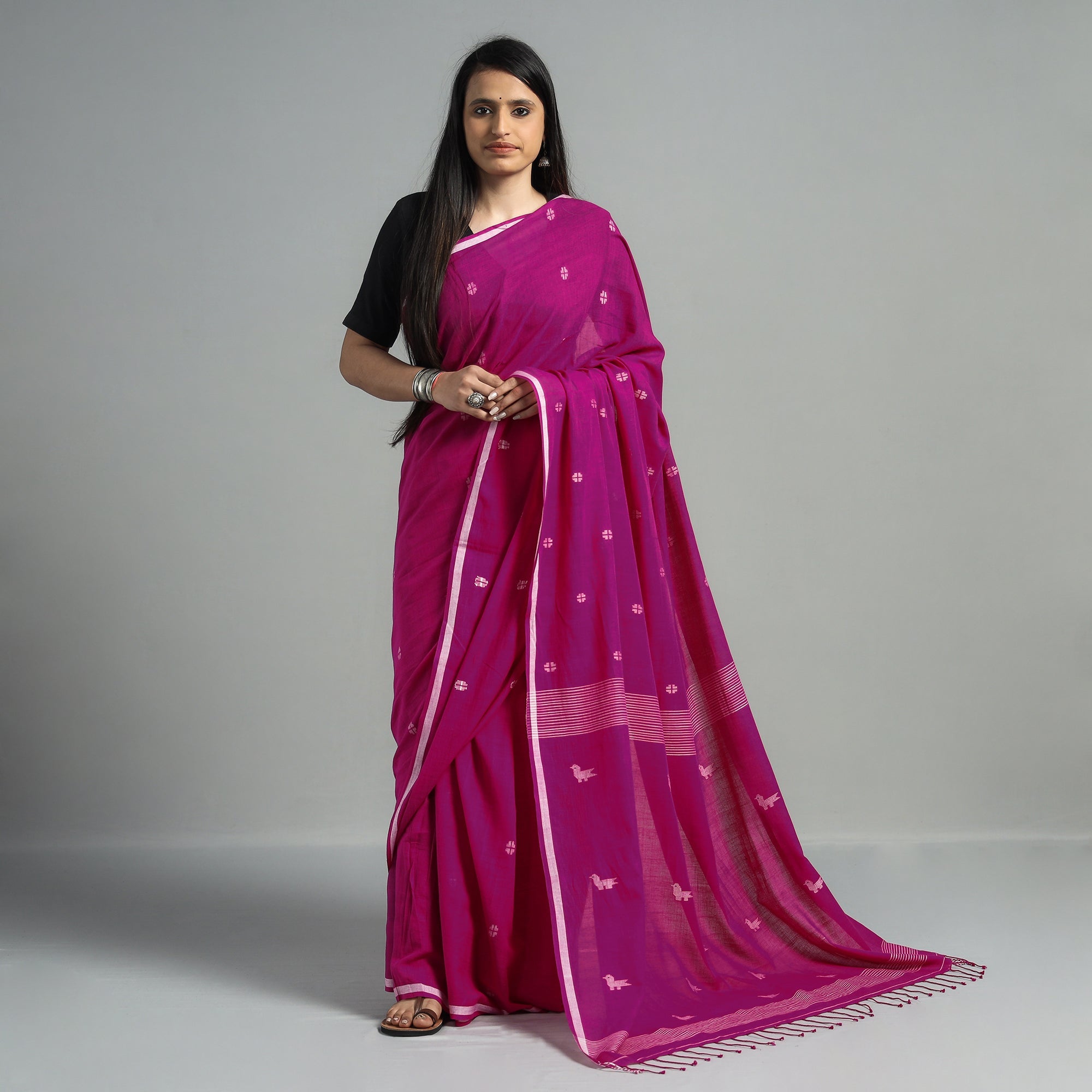 Purple Handloom Cotton Phulia Jamdani Saree with Tassels