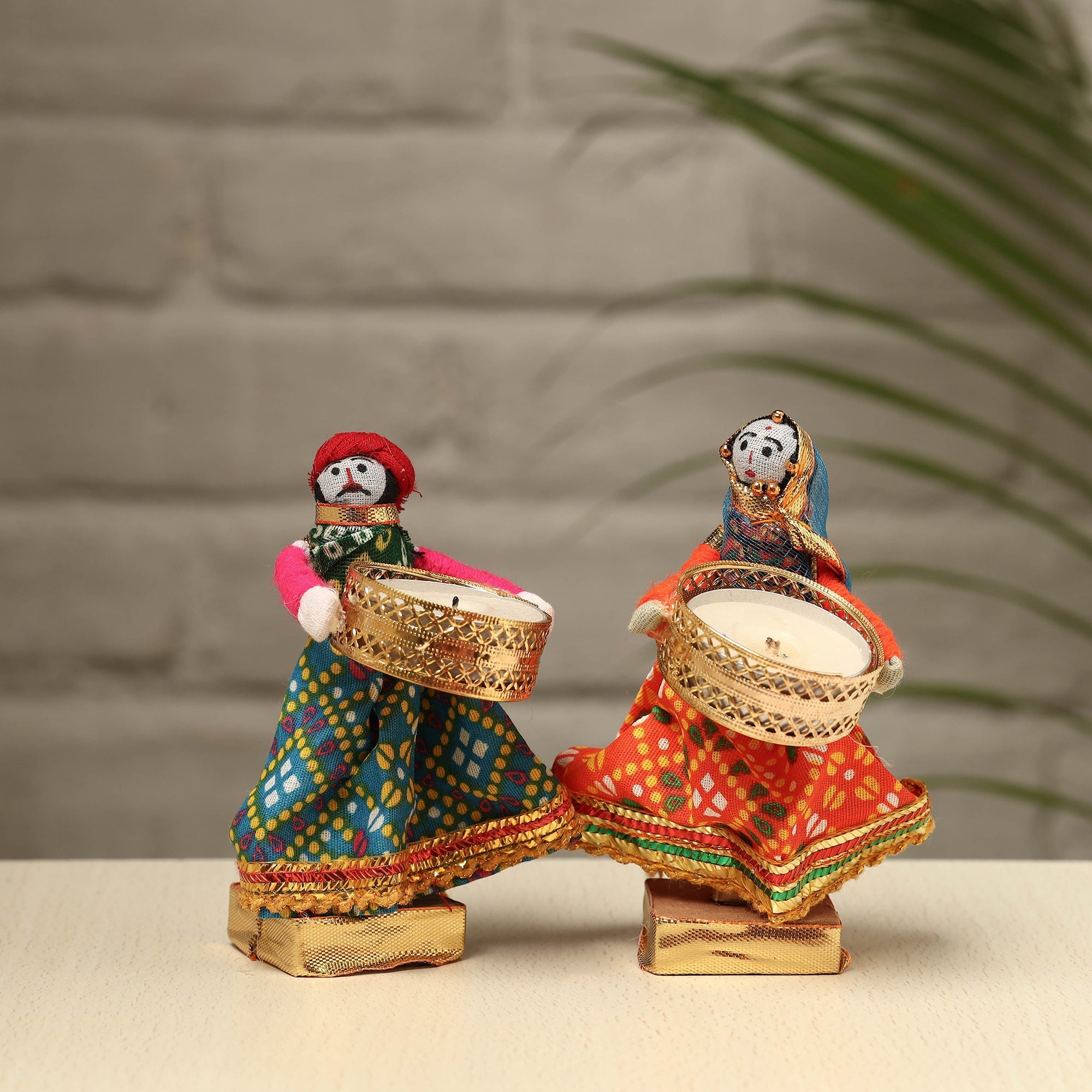 Rajasthani Puppet Couple Handmade Tealight Candle Holders (Set of 2)