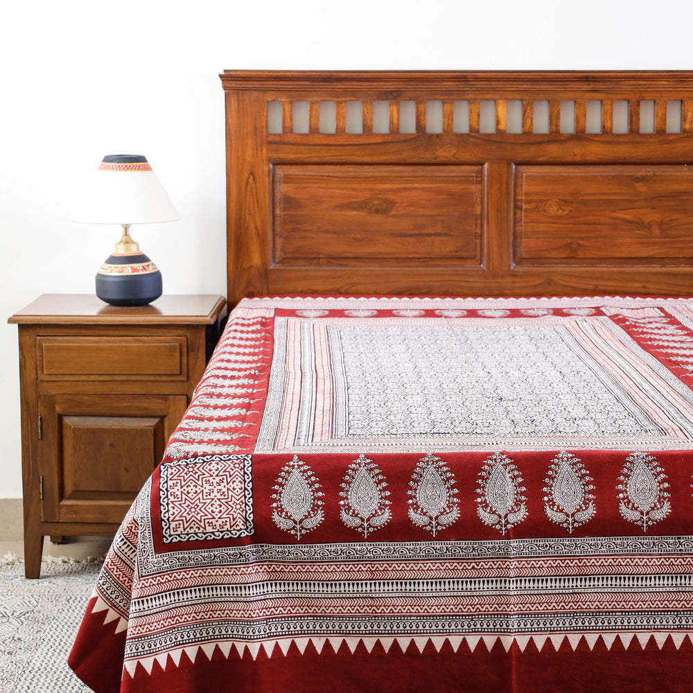 Red Bagh Block Printed Natural Dyed Pure Cotton Single Bed Cover