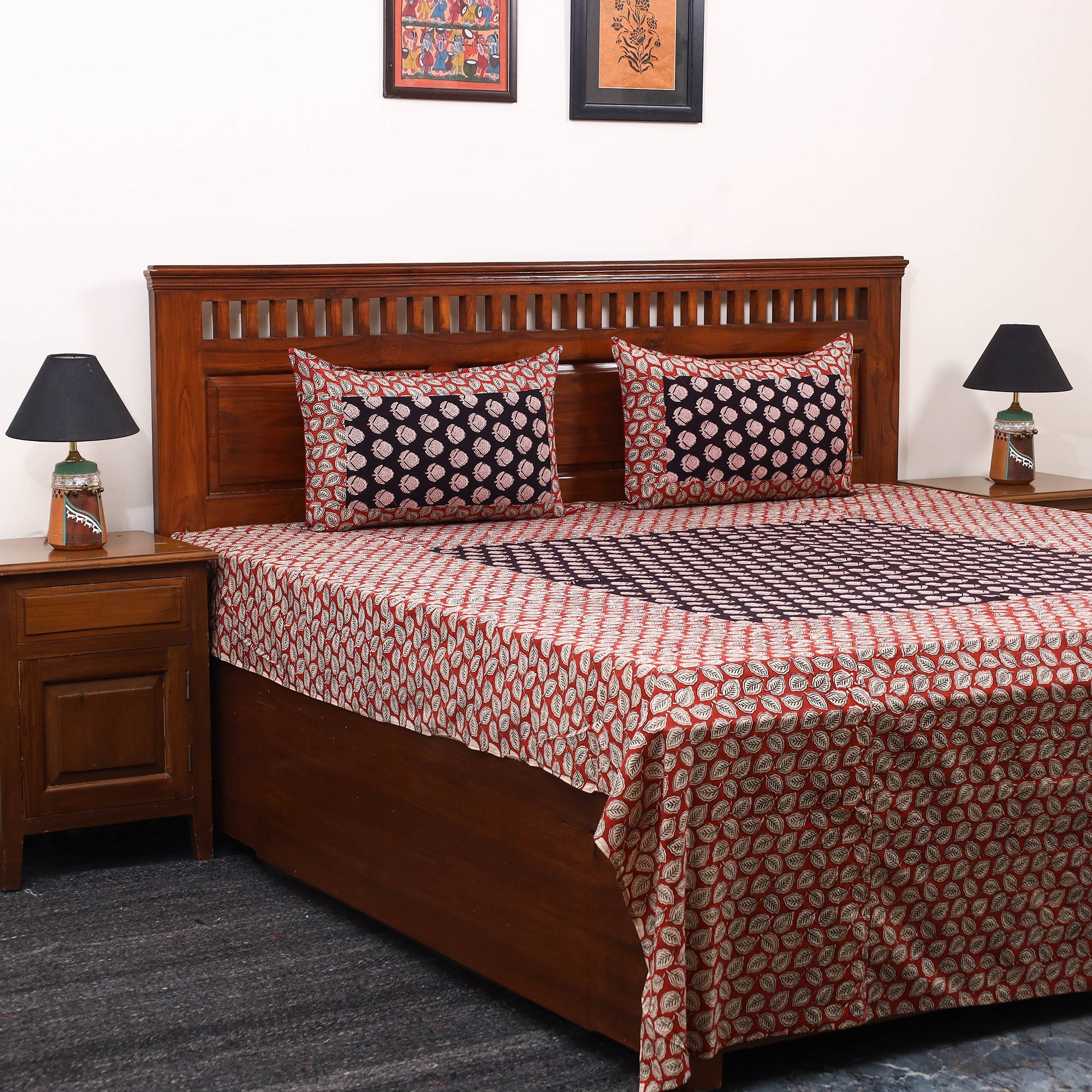 Red Bagru Print with Bagh Patch Cotton Bedsheet Set