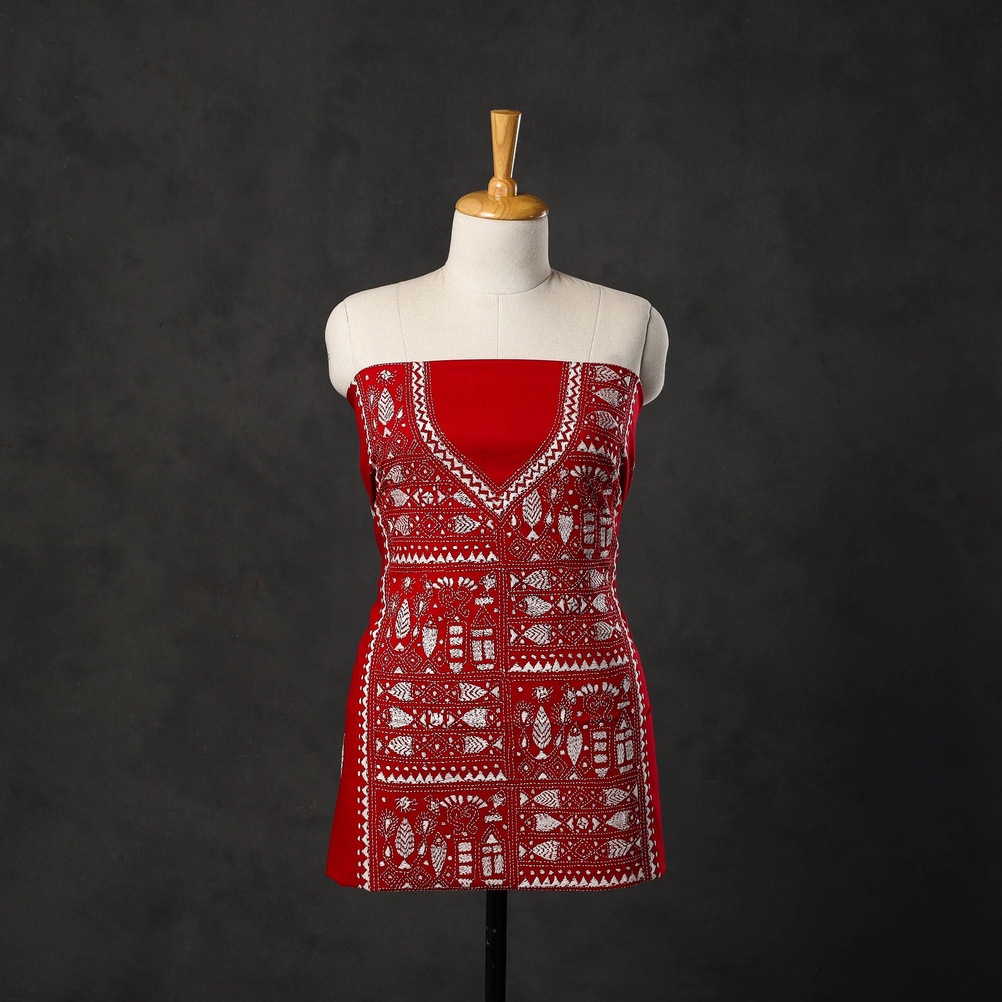 Red Cotton Kurta material With Exclucive Kantha Work