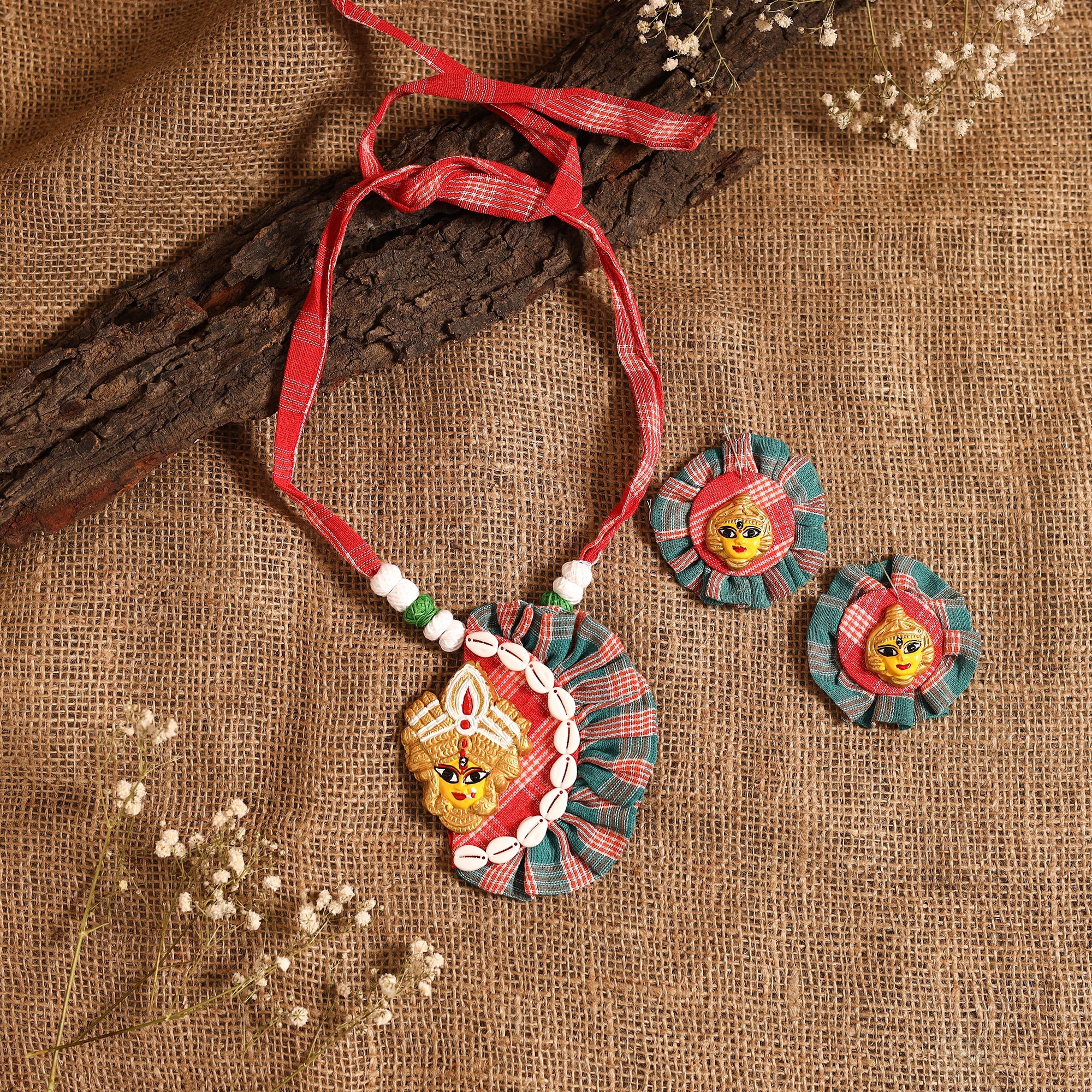 Red Bishnupur Handpainted Fabart Clay Maa Durga Necklace Set