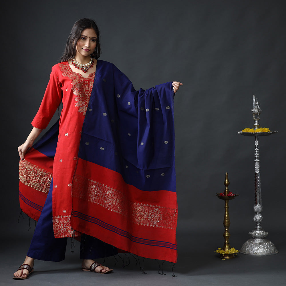 Phulia Jamdani Silk Kurta with Palazzo & Dupatta Set