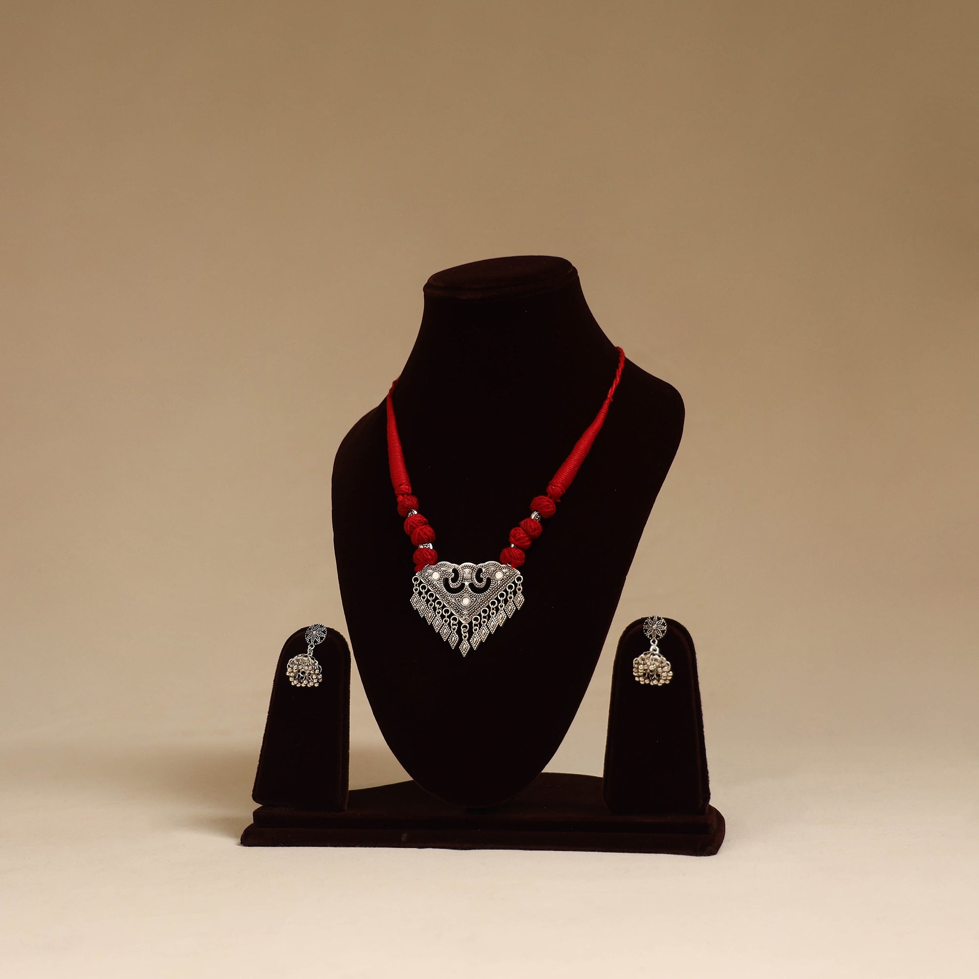 Red German Silver Thread Beads Necklace Set