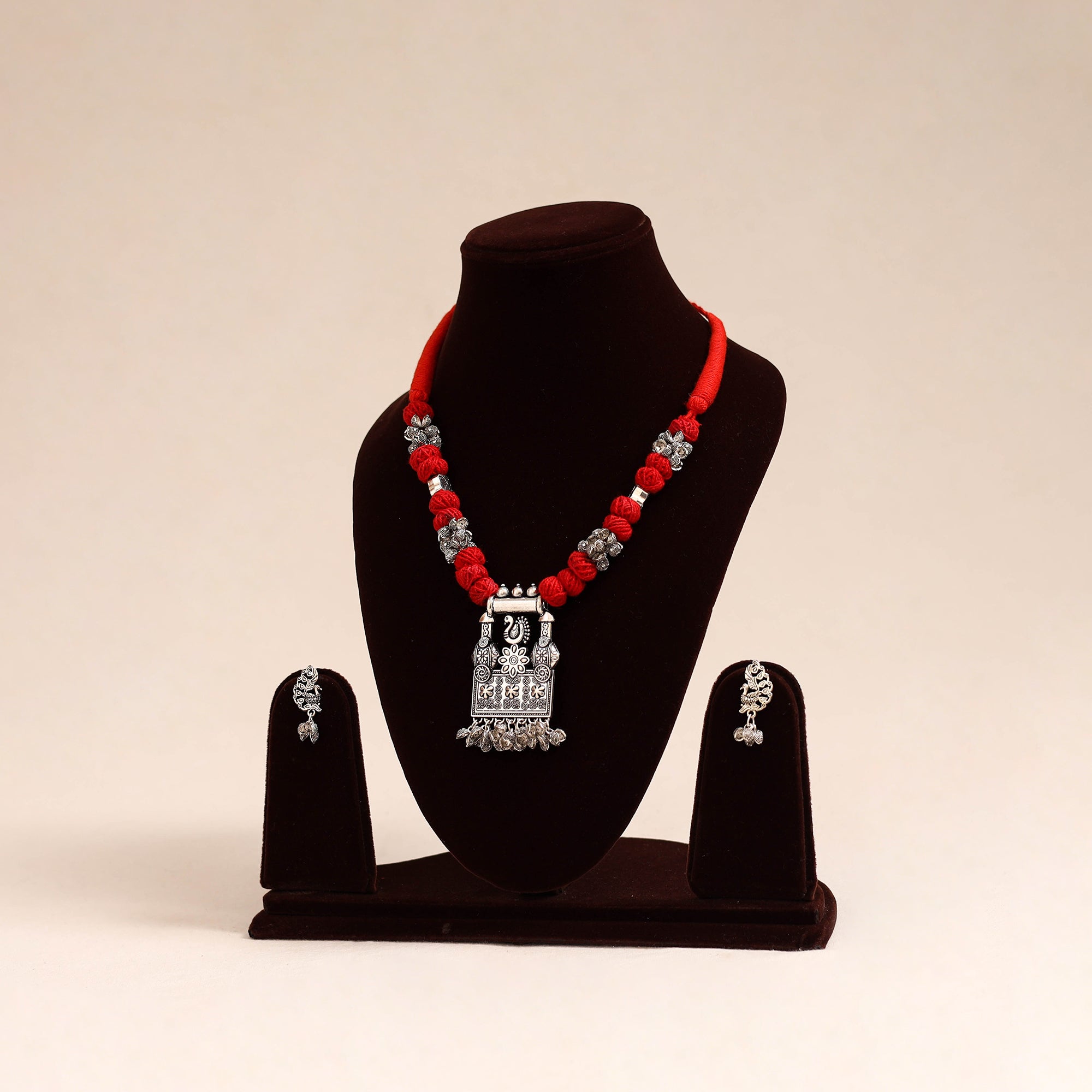 Red German Silver Thread Beads Necklace Set