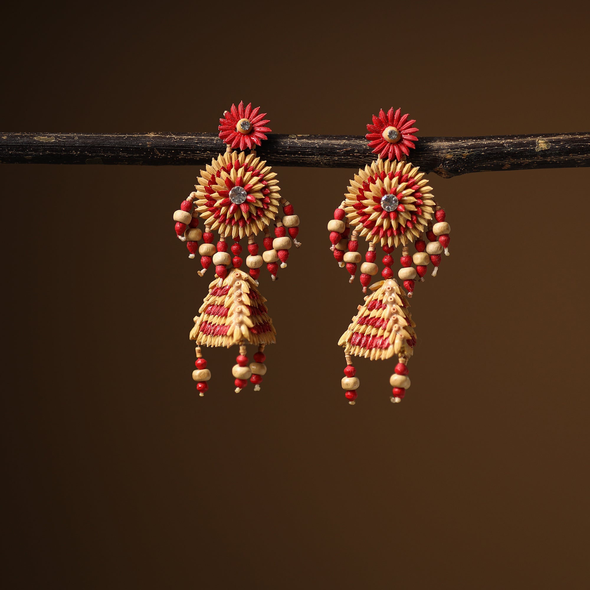 Red Handcrafted Rice Paddy Earrings by Putul Das Mitra Online