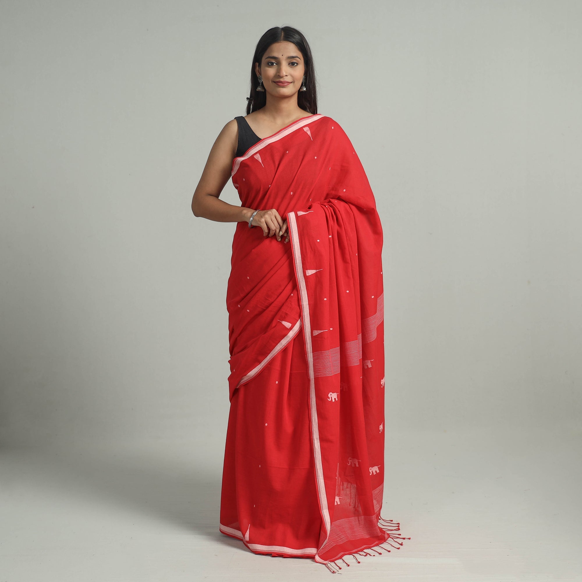 Red Handloom Cotton Phulia Jamdani Saree with Tassels