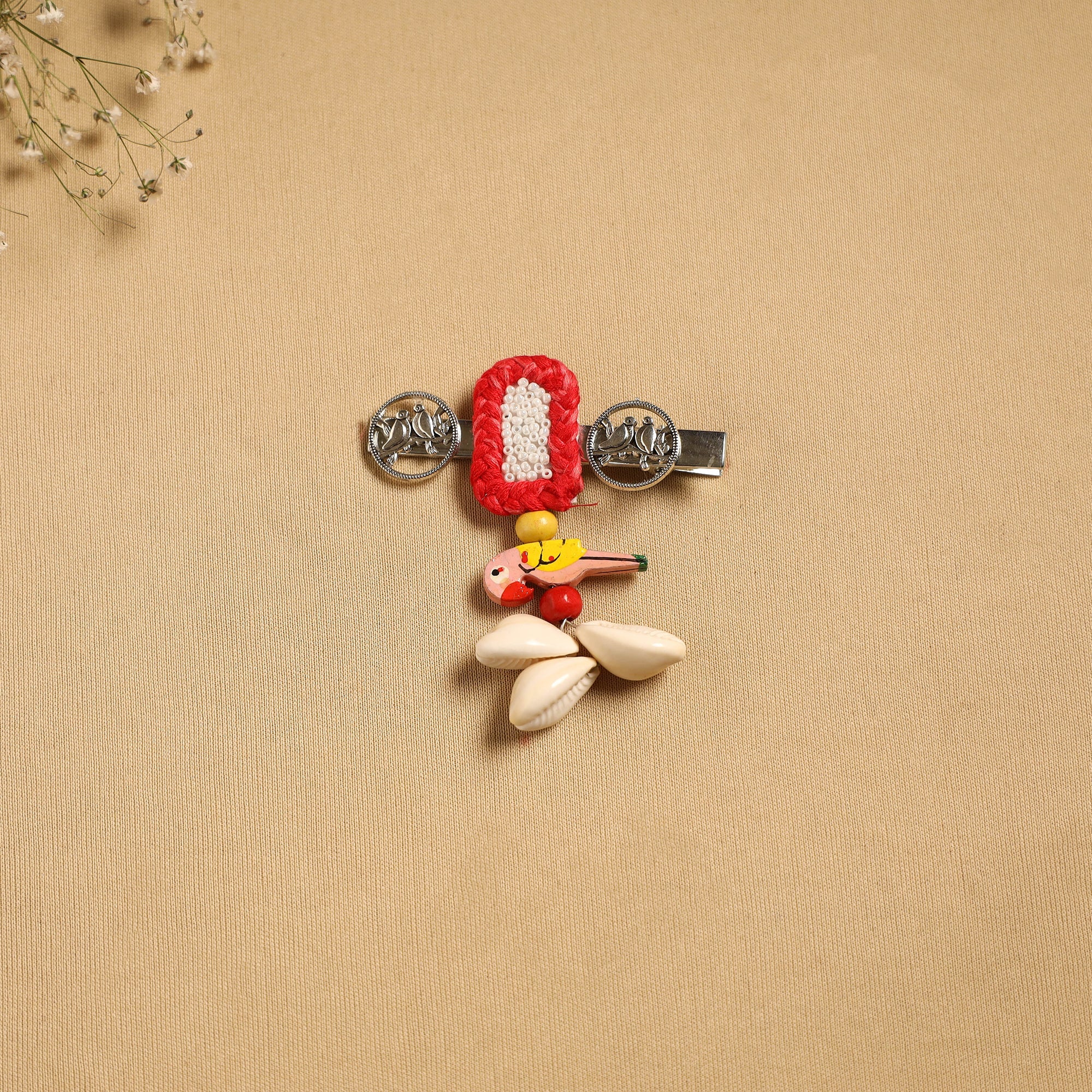 Red Handmade GS Shell & Thread Work Hair Clip