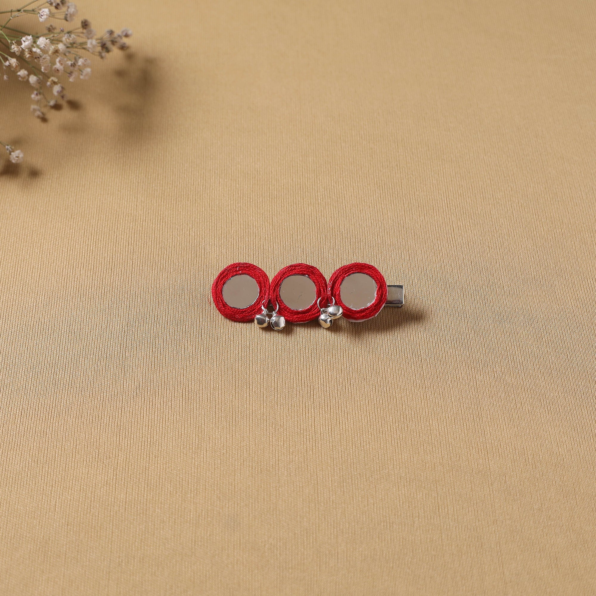 Red Handmade Thread Mirror Work Hair Clip