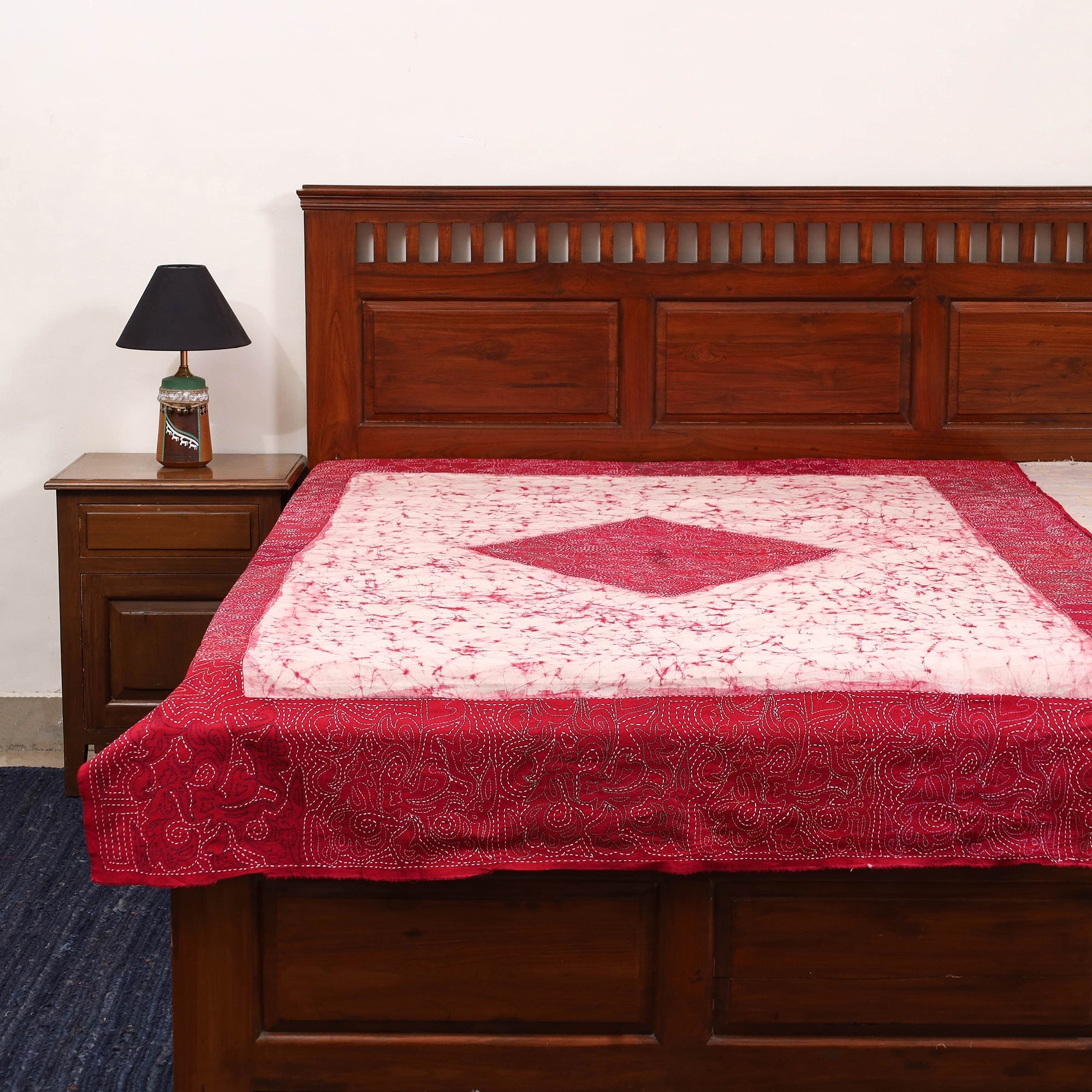Red Kantha Handwork Cotton Single Hand Batik Print Bed Sheet