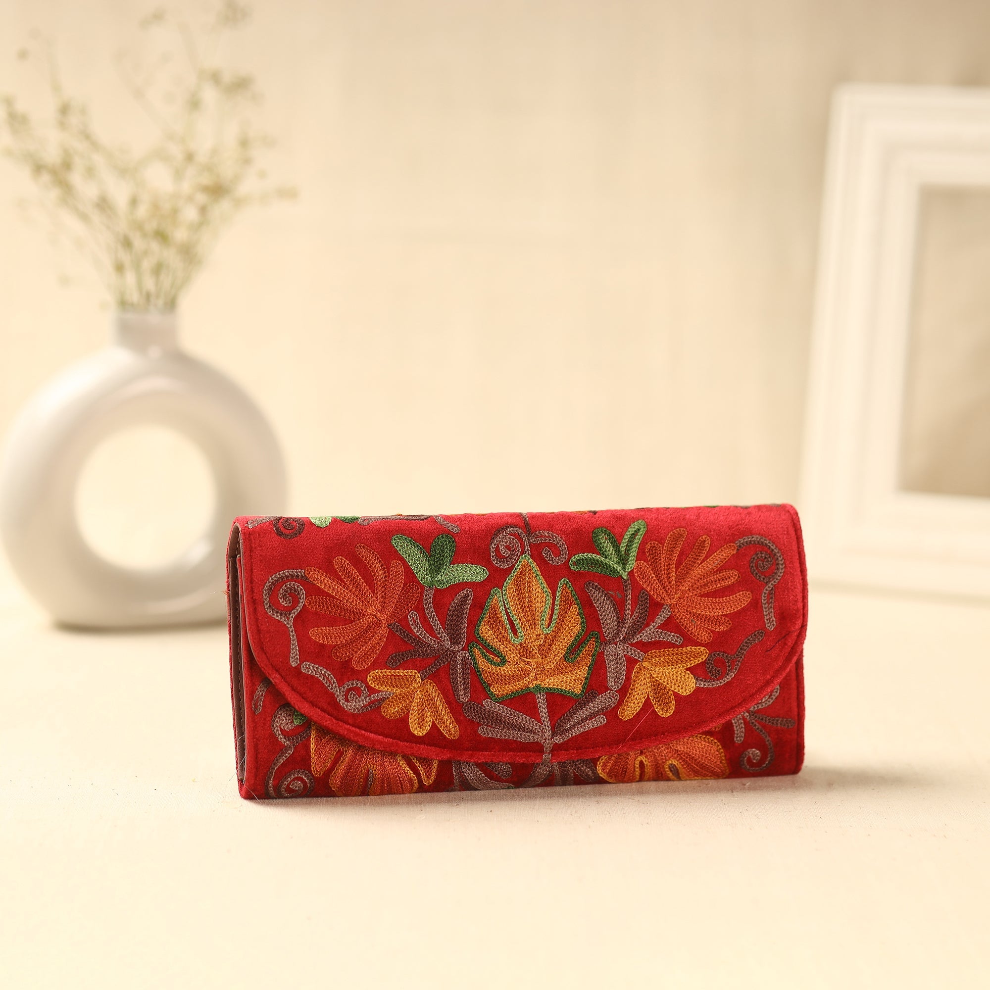 Red Kashmiri Crewel Hand Embroidery Velvet Travel Wallet