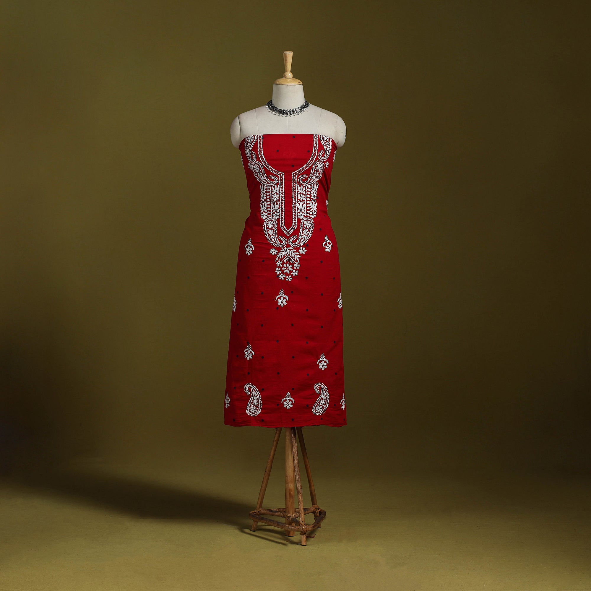 Red Lucknowi Chikankari Work Jacquard Unstitched Kurta Material