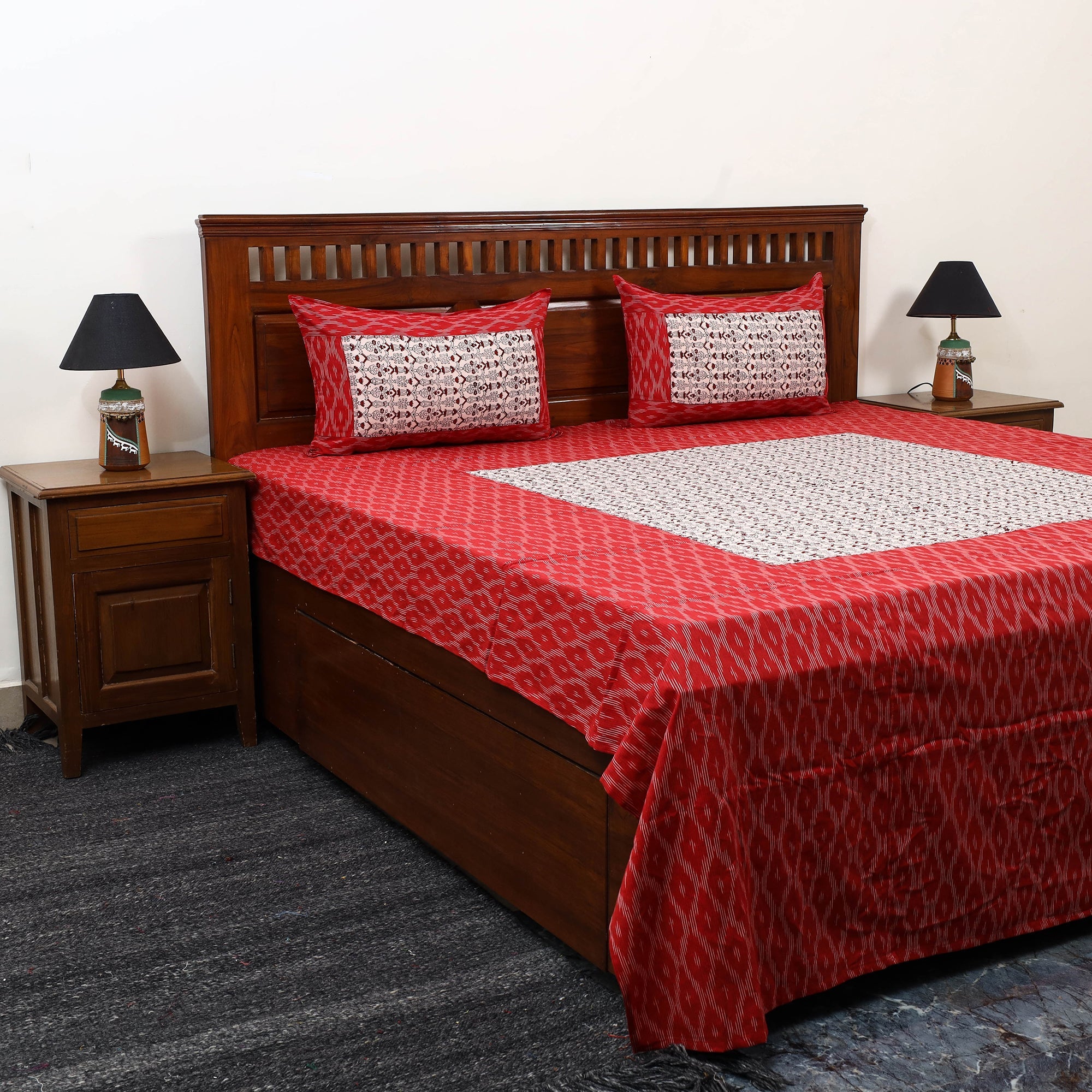 Red Pochampally Ikat with Bagh Patch Cotton Bedsheet Set