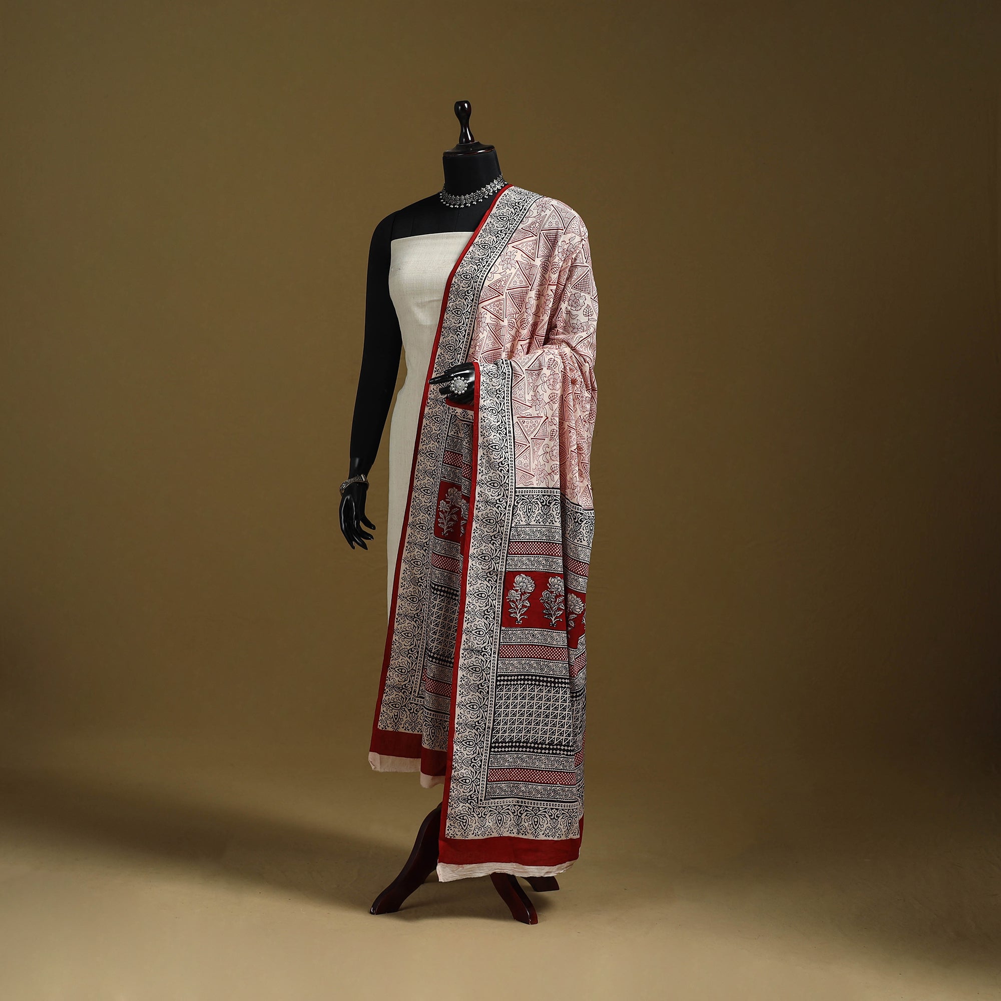 Red Block Printed Natural Dyed Cotton Bagh Dupatta