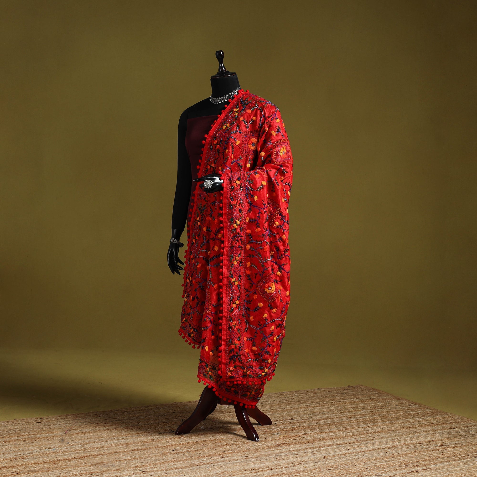 Red Ranihati Chapa Work Chanderi Silk Hand Embroidery Dupatta with Pom Pom