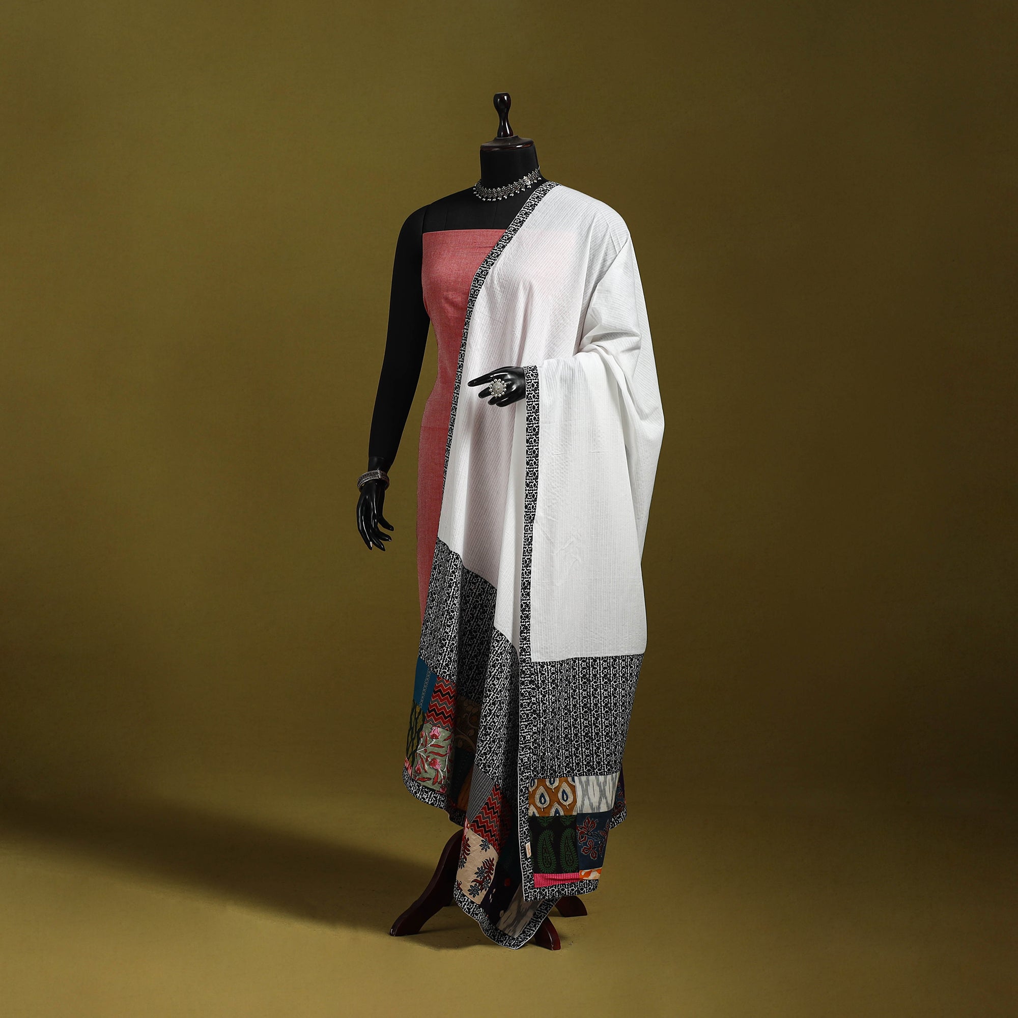 White Running Stitch with Patchwork Cotton Dupatta