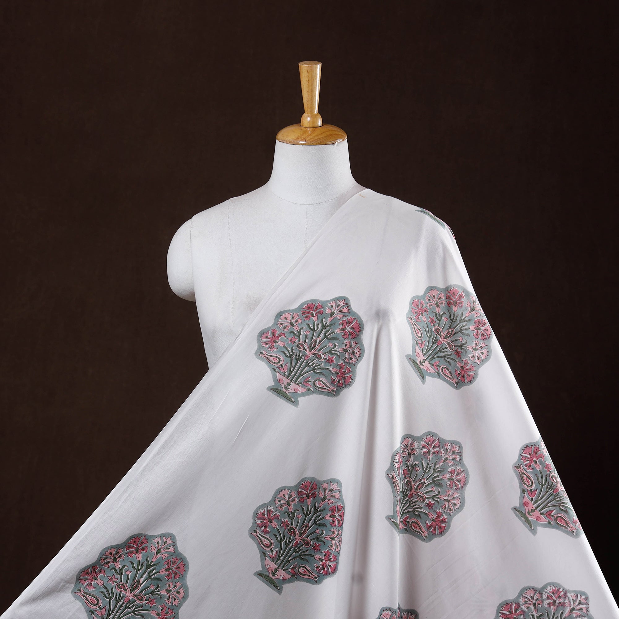 White Sanganeri Block Print Cotton Fabric