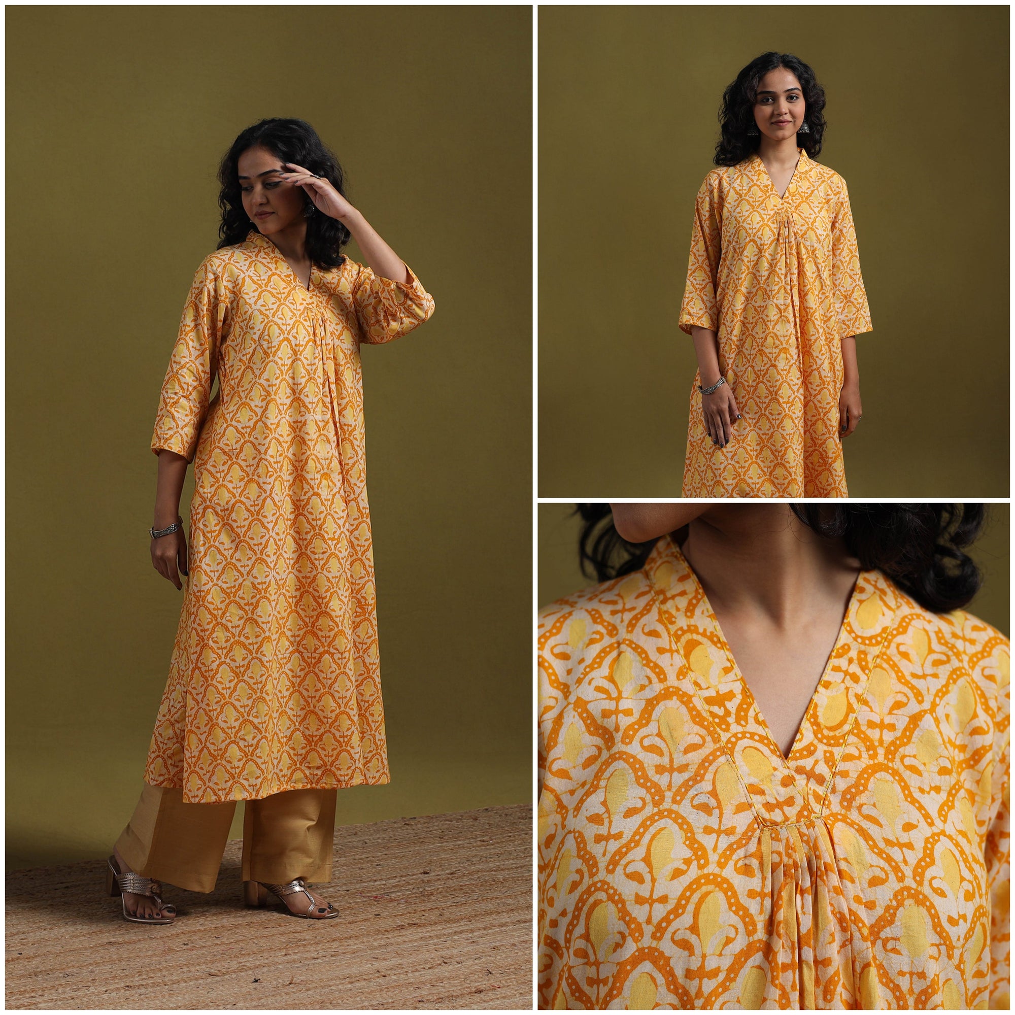 Yellow Cotton Hand Block Batik Print Embroidered A-Line Kurta for women