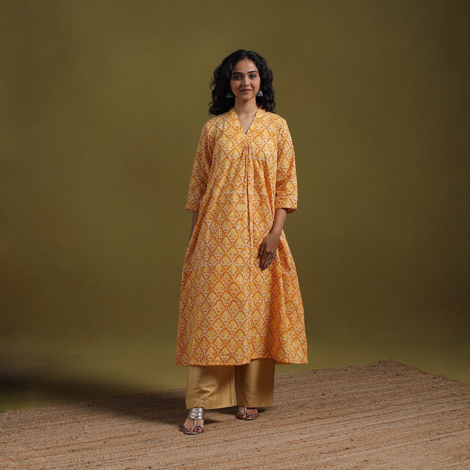 Yellow Cotton Hand Block Batik Print Embroidered A-Line Kurta for women