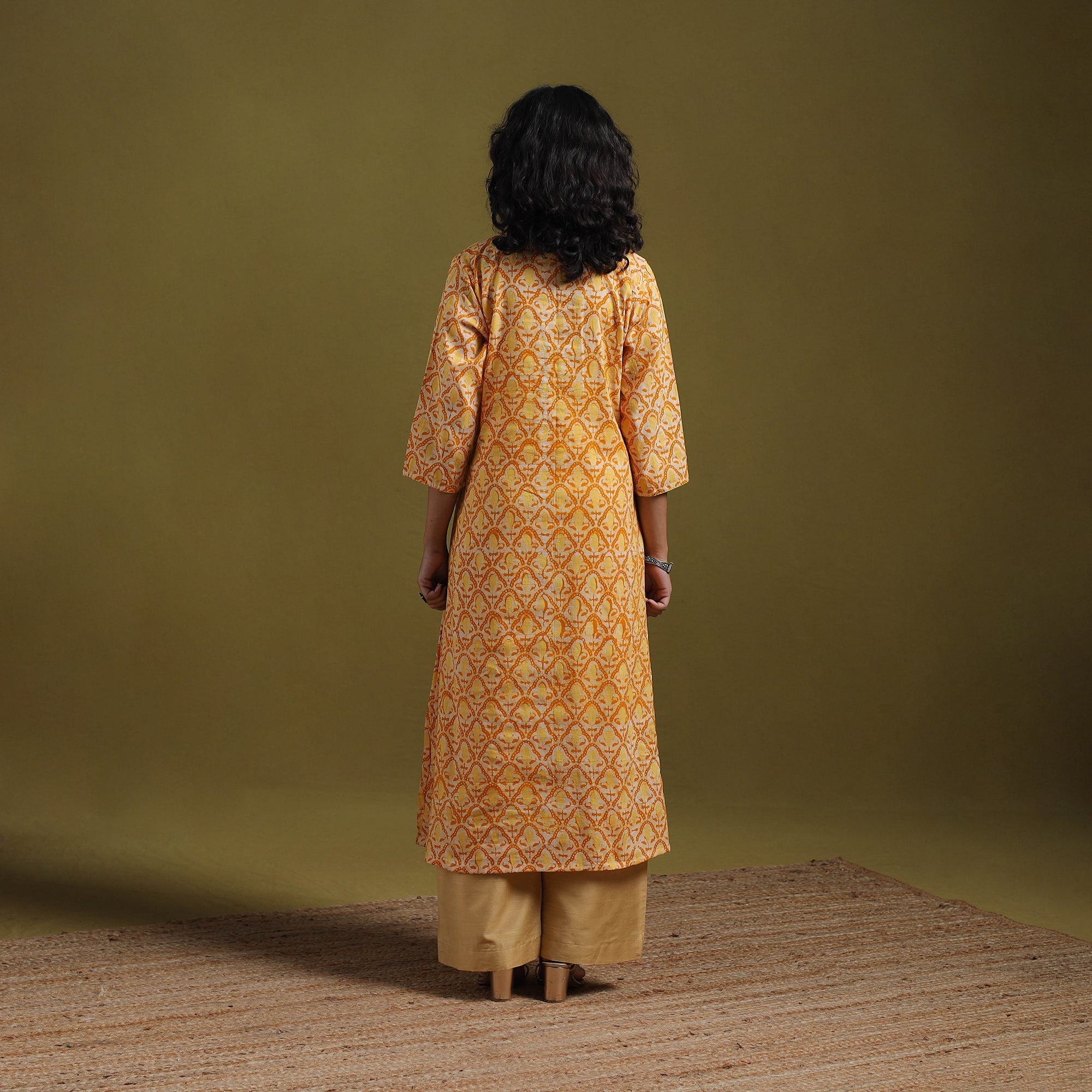 Yellow Cotton Hand Block Batik Print Embroidered A-Line Kurta for women