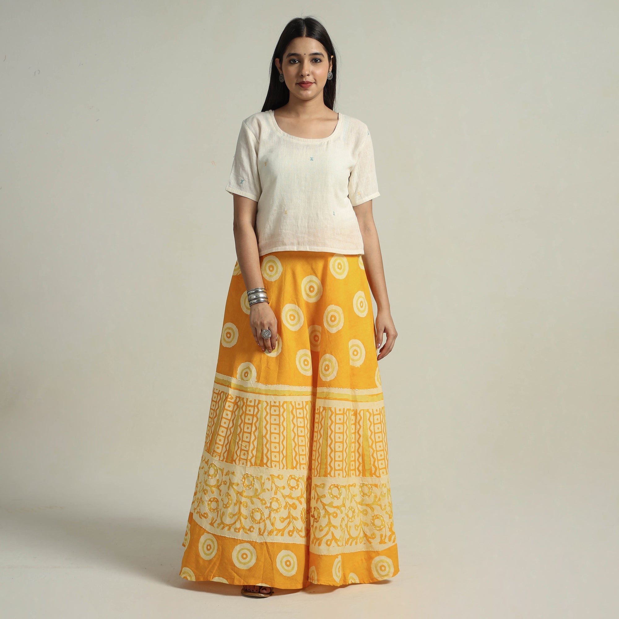 Yellow Hand Batik Printed Running Stitch Cotton Long Skirt