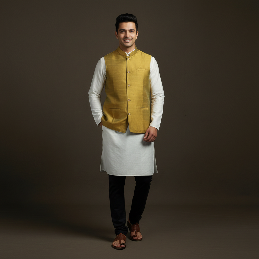 Yellow Slub Silk Men Plain Nehru Jacket