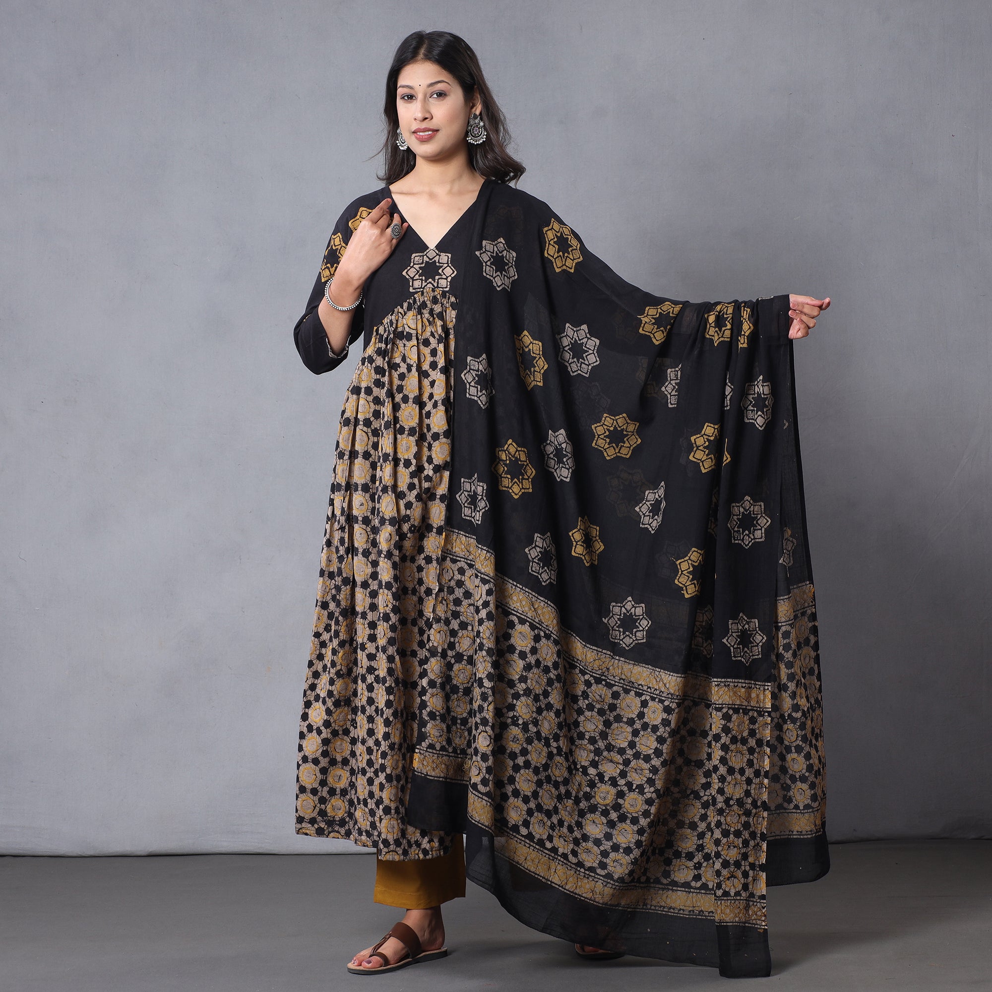 Black Flared Cotton Hand Batik Print Kurta Set