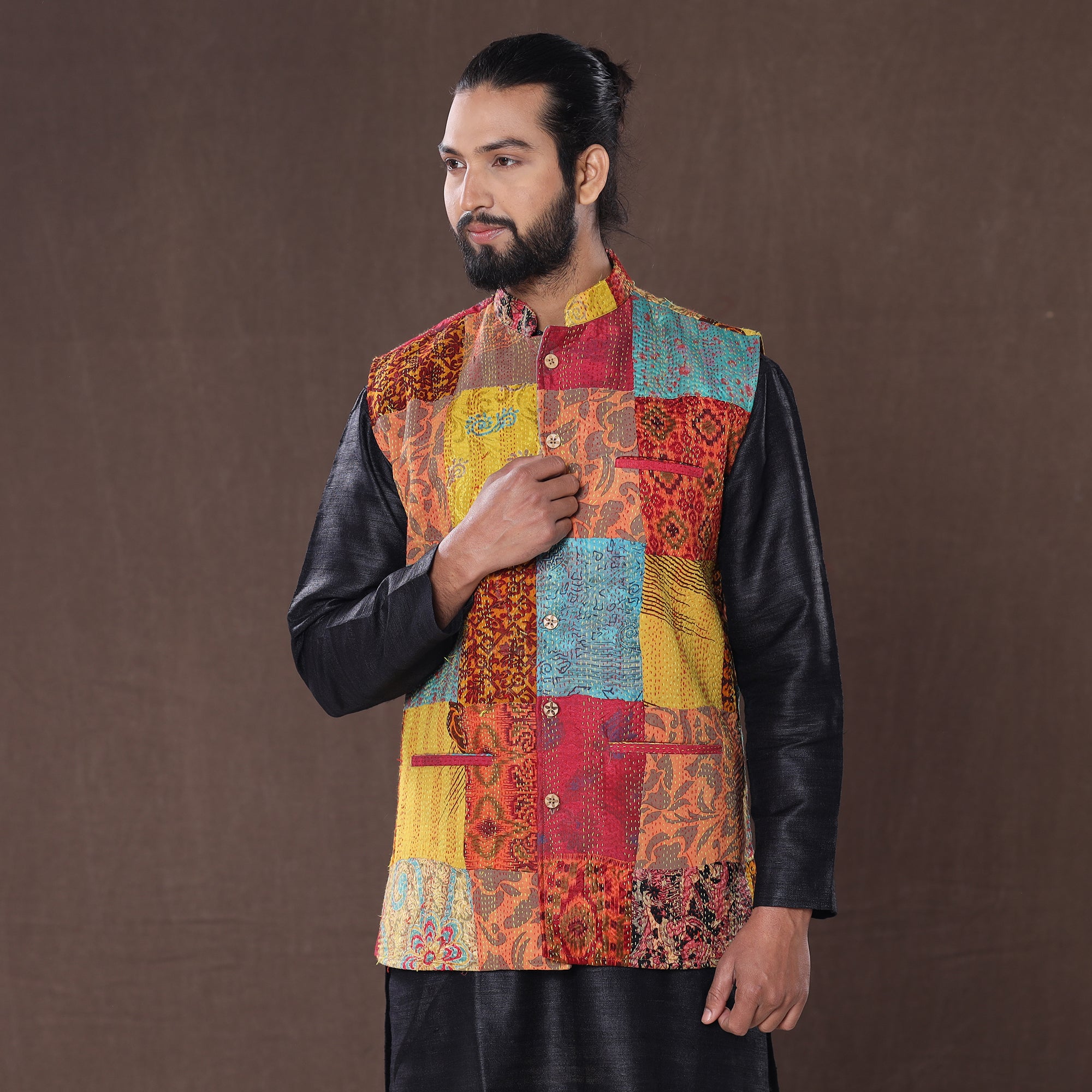 Multicolor Kantha Embroidery Silk Patchwork Nehru Jacket – iTokri आई.टोकरी