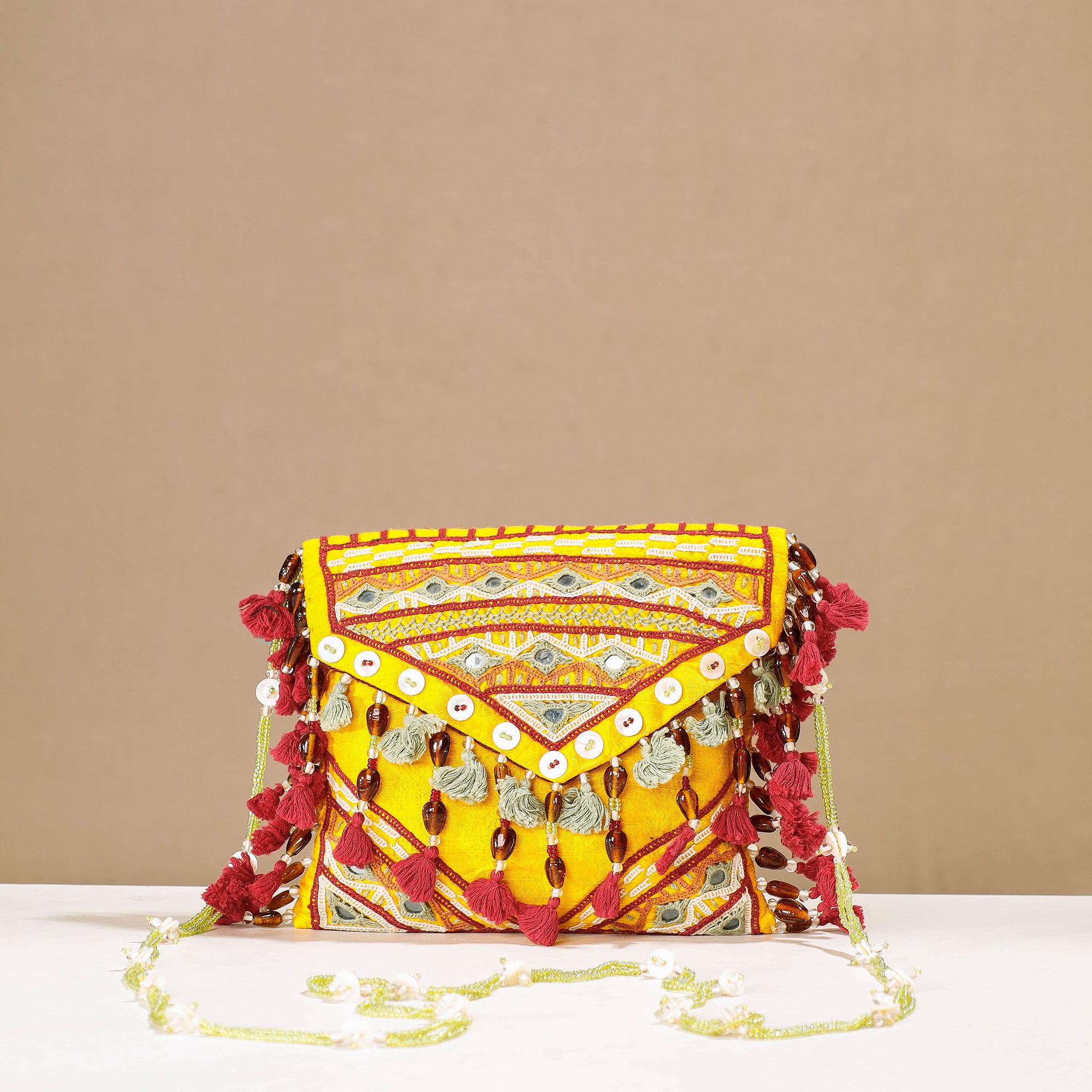 Yellow Kala Raksha Rabari Hand Embroidery Sling Bag